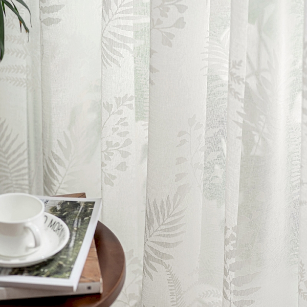 Sheer Curtains, Embossed Fern Pattern, Linen Fabric, White