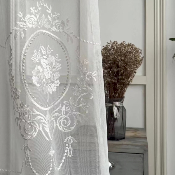 Sheer Curtains, Delicate Rococo - Inspired Rose Embroideries, White