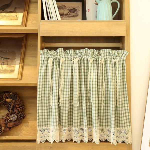 Green Plaid Short Window Curtains with Beige Lace, Small Window ...