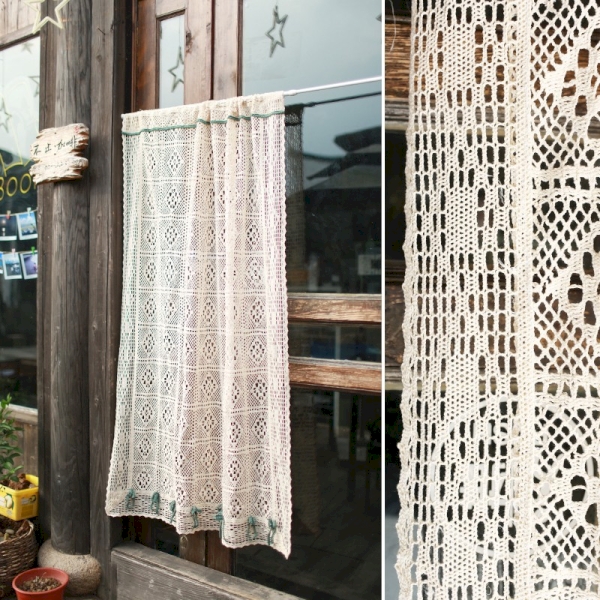 Crochet Cotton with Dark Green Bows Short Window Curtains, Small Window ...