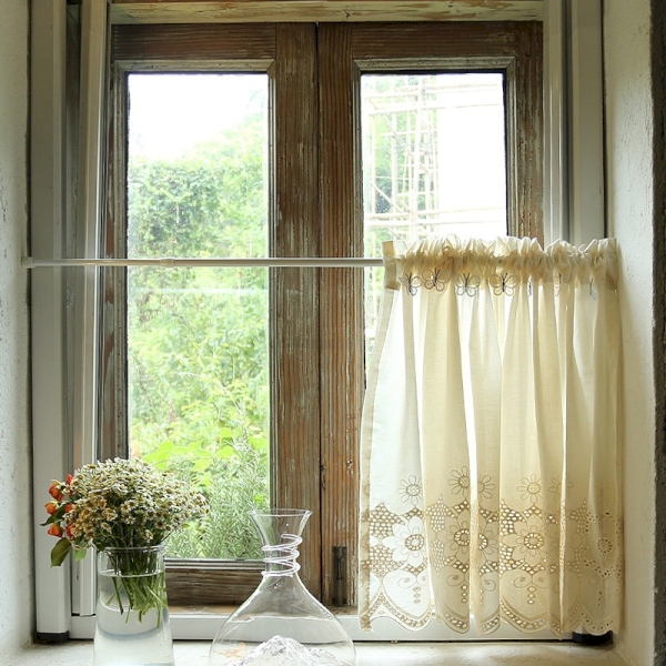 Beige Pure Cotton Embroidered Short Window Curtains, Small Window ...