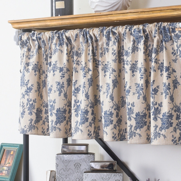 Blue Floral Linen-Feel Short Curtains, Small Window Curtains, Short ...
